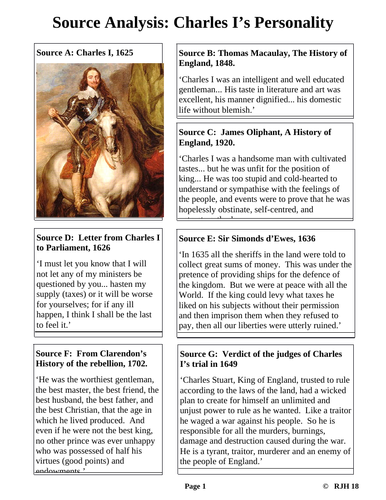 Source Analysis - Charles I's Personality | Teaching Resources
