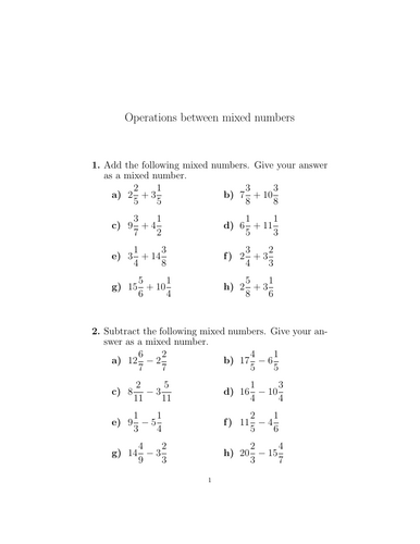 Operations between mixed numbers worksheet (with solutions) | Teaching ...