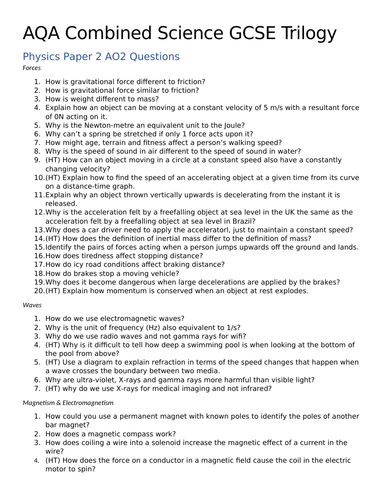 AQA GCSE Combined Science: Trilogy - Paper 2 AO2 Questions | Teaching Resources