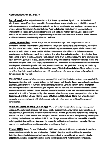 EDEXCEL GCSE 9-1 History Weimar And Nazi Germany 1918-39 summary ...
