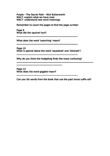 The Secret Path - Nick Butterworth comprehension | Teaching Resources