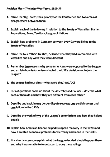 Revision Tips Interwar Period 1919-39 - IGCSE History | Teaching Resources
