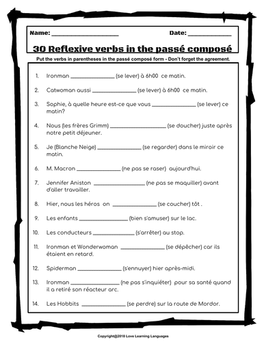 Passé Composé - reflexive verbs - French grammar quiz or worksheet 1 ...
