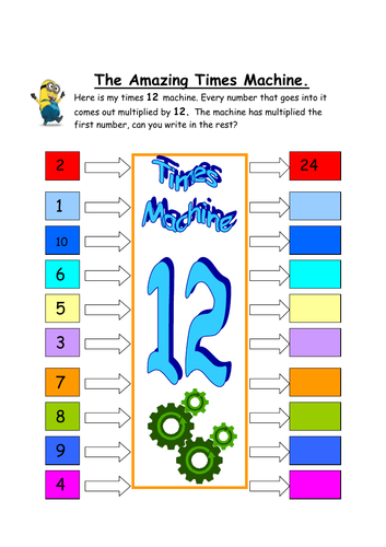 Times table practice from 6x to 12x . 'Times Machine' fun worksheet ...