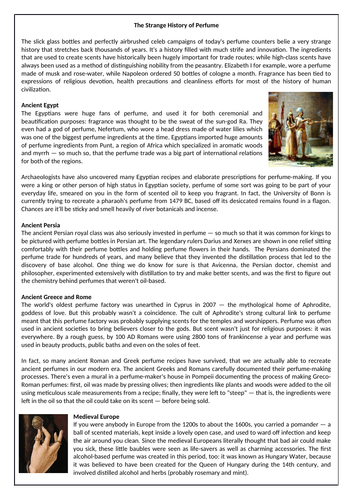 The Strange History of Perfume - Reading Comprehension Worksheet / Text ...