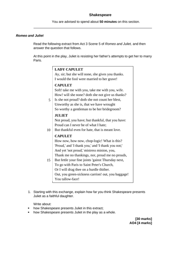 AQA Romeo and Juliet Mock questions | Teaching Resources
