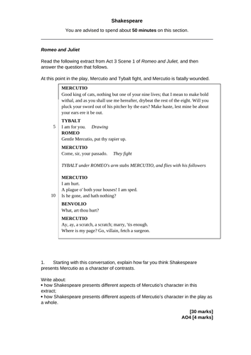 AQA Romeo and Juliet Mock questions | Teaching Resources