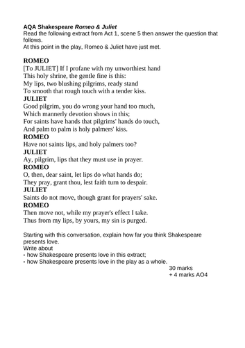 AQA Romeo and Juliet Mock questions | Teaching Resources