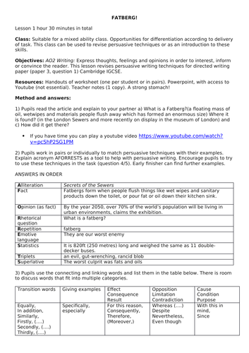 Fatberg! Directed writing for IGCSE (Cambridge) | Teaching Resources Fatberg! Directed writing for IGCSE (Cambridge) | Teaching Resources