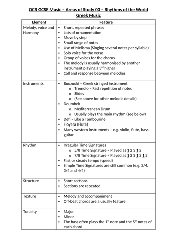 OCR GCSE Music - "Traditional Greek Music" Area of Study 3 "Rhythms of ...