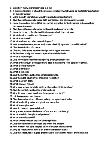 AQA Biology revision questions | Teaching Resources