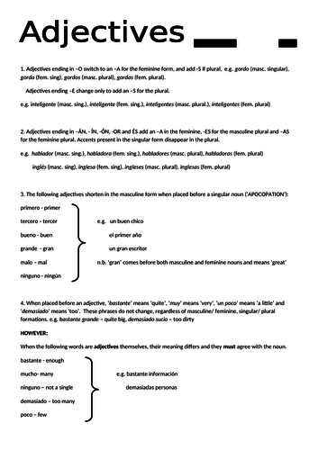 SPANISH NOUNS AND ADJECTIVES - SUMMARY AND ACTIVITIES GCSE/ A-LEVEL ...