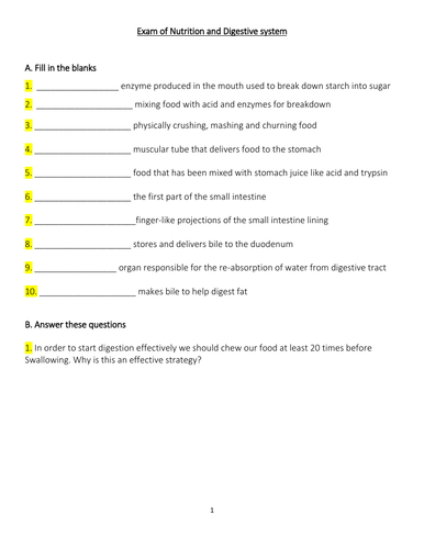 Exam of Digestive system | Teaching Resources