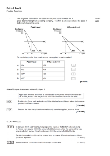 Price and Profit: A-level Economics (AQA New Spec) REVISION SHEETS ... Price and Profit: A-level Economics (AQA New Spec) REVISION SHEETS ...