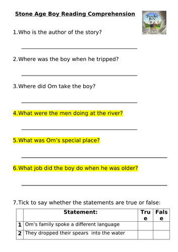Stone Age Boy Reading Comprehension | Teaching Resources