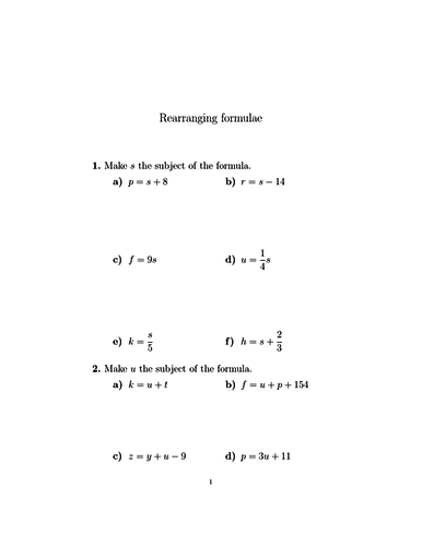 Rearranging formulae (introduction) worksheet (with solutions ...