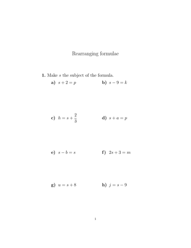 Rearranging formulae worksheet no 2 (with solutions) | Teaching Resources