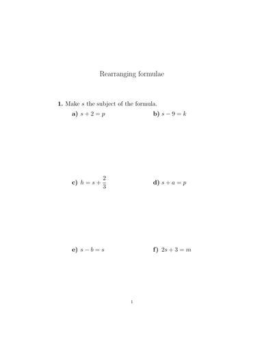 Rearranging formulae worksheet no 2 (with solutions) | Teaching Resources