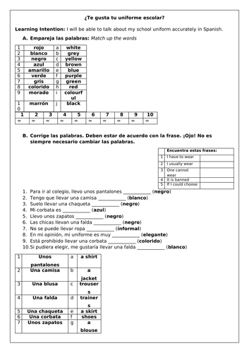 Spanish School Uniform el uniforme | Teaching Resources