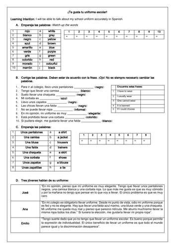 Spanish School Uniform el uniforme | Teaching Resources