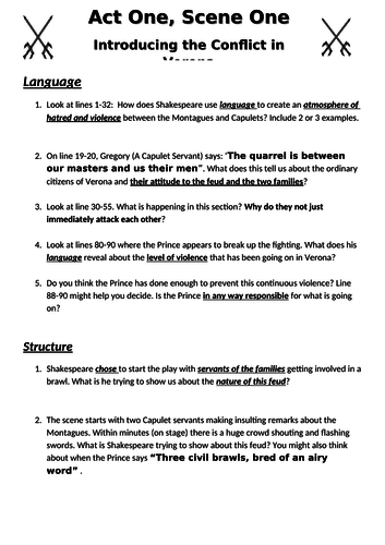 Romeo and Juliet - Prologue / Act 1, Scene, 1 Activity Pack | Teaching ...