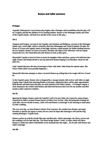 Romeo and Juliet - Whole play summary | Teaching Resources