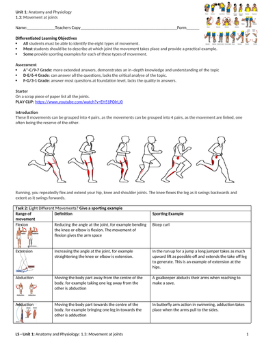 IGCSE PE (spec 2018) 1.3. Movement at the joints | Teaching Resources
