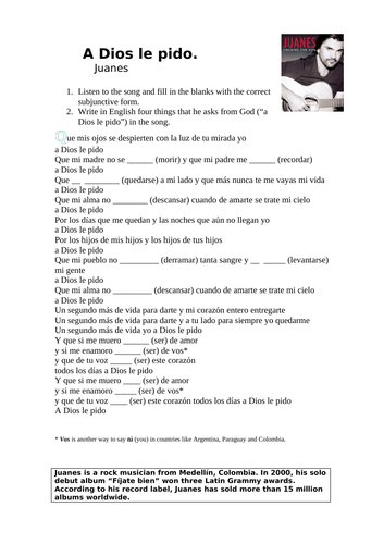 Present subjunctive with the song "A Dios le pido" from Juanes ...