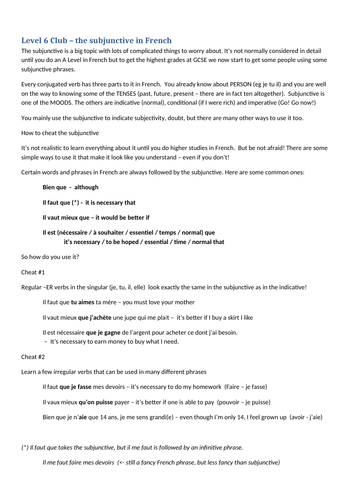 BAsic subjunctive for GCSE French | Teaching Resources