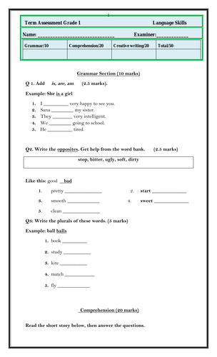 Term assessment exam papers of English Language Skills Grades 1. 2, 3 ...