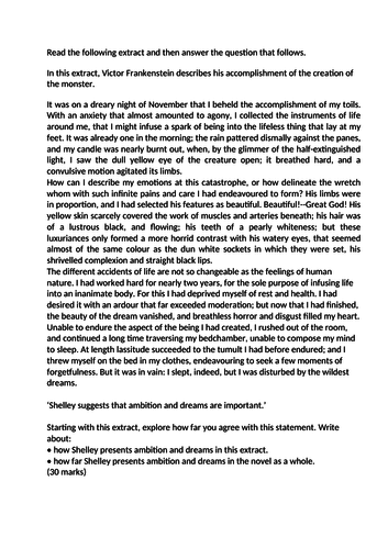 AQA Frankenstein exam style question on dreams with possible answers ...