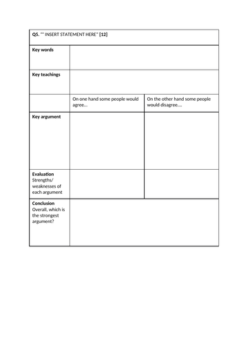 AQA RS New Spec 9-1 Question 5 planning sheet | Teaching Resources
