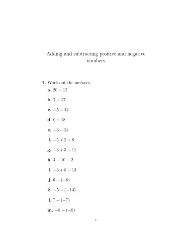 Adding and subtracting positive and negative numbers worksheet no 3 ...