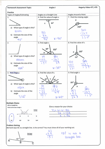 Angles on a Straight Line and Around a Point Homework with Answers ...