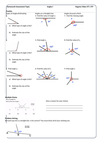 Angles on a Straight Line and Around a Point Homework with Answers ...