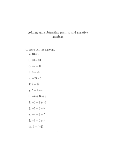 Adding and subtracting positive and negative numbers worksheet no 4 ...