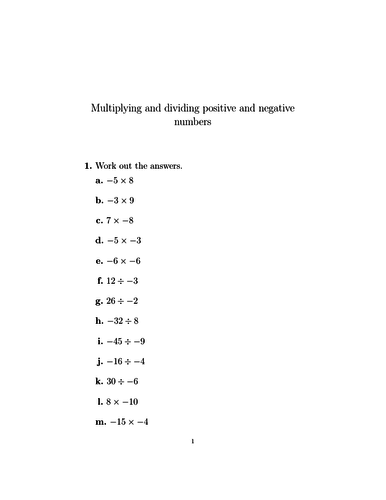 Multiplying and dividing positive and negative numbers worksheet no 2 ...