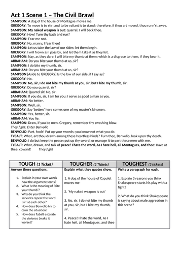 Romeo and Juliet Act 1 Scene 1 - lesson and resources | Teaching Resources