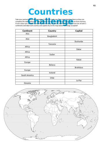 Countries & Capitals Worksheet | Teaching Resources