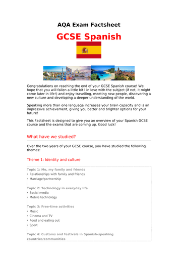 AQA Spanish GCSE - Exam Factsheet and Overview | Teaching Resources