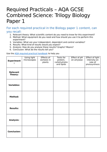 Required Practicals Summary Sheets - AQA GCSE Combined Science ... Required Practicals Summary Sheets - AQA GCSE Combined Science ...