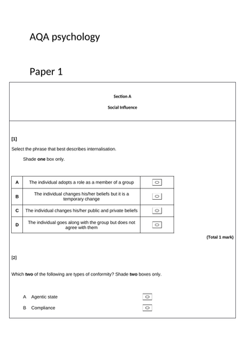 AQA Psychology A Level Paper 1 mock | Teaching Resources