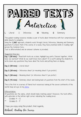 Reading Comprehensions: Text comparisons - ANTARCTICA | Teaching Resources