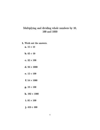 Multiplying and dividing decimals by 10, 100 and 1000 worksheet (with ...