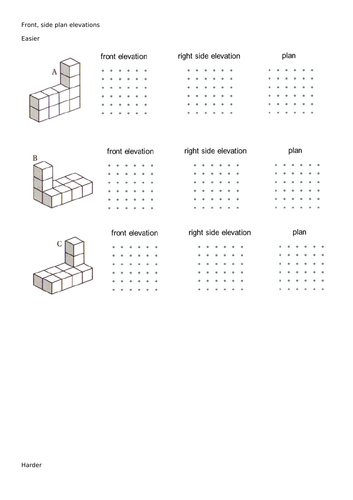 Drawing 3D shapes on isometric paper and front, side and plan elevation ...