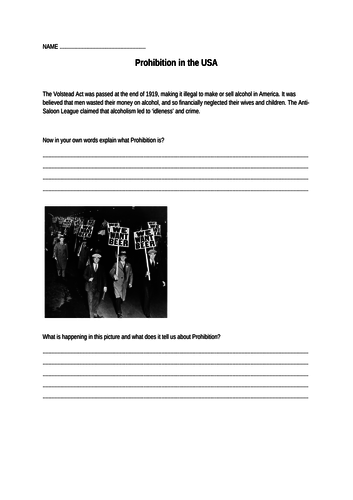 Prohibition introduction/key words worksheet | Teaching Resources