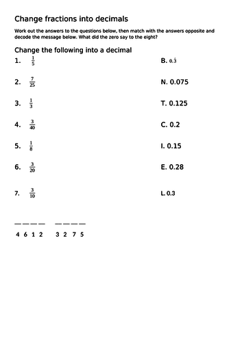 Code breaker for practising changing fractions into decimals | Teaching ...