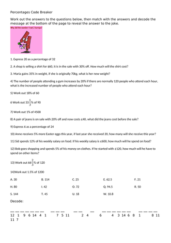 Percentages code breaker | Teaching Resources
