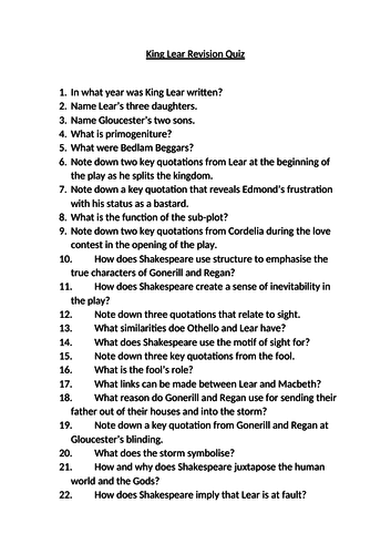 A-Level King Lear Revision Quiz | Teaching Resources