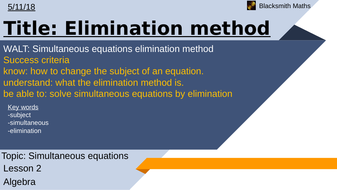 Simultaneous equations elimination method lesson | Teaching Resources